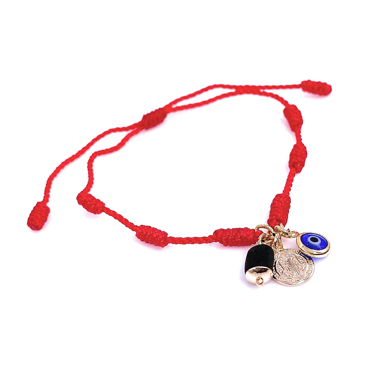 LESLIE BOULES Red Thread Saint Benedict Bracelet Blue Evil Eye & Genuine Azabache Stone Pendants Handmade Jewelry
