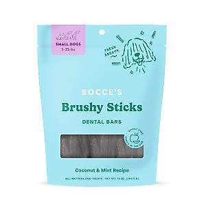Bocce’s Bakery Dailies Brushy Sticks to Support Oral Health & Fresh Breath, Wheat-Free Dental Bars for Dogs, Made with Real Ingredients, Baked in the USA, All-Natural Coconut & Mint Recipe, Small Dogs