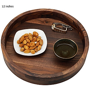MAGIGO Set of 2 Large Round Black Walnut Wood Ottoman Tray with Handles, Serve Tea, Coffee, Classic Wooden Circular Decorative Serving Tray, 14 &12 inches