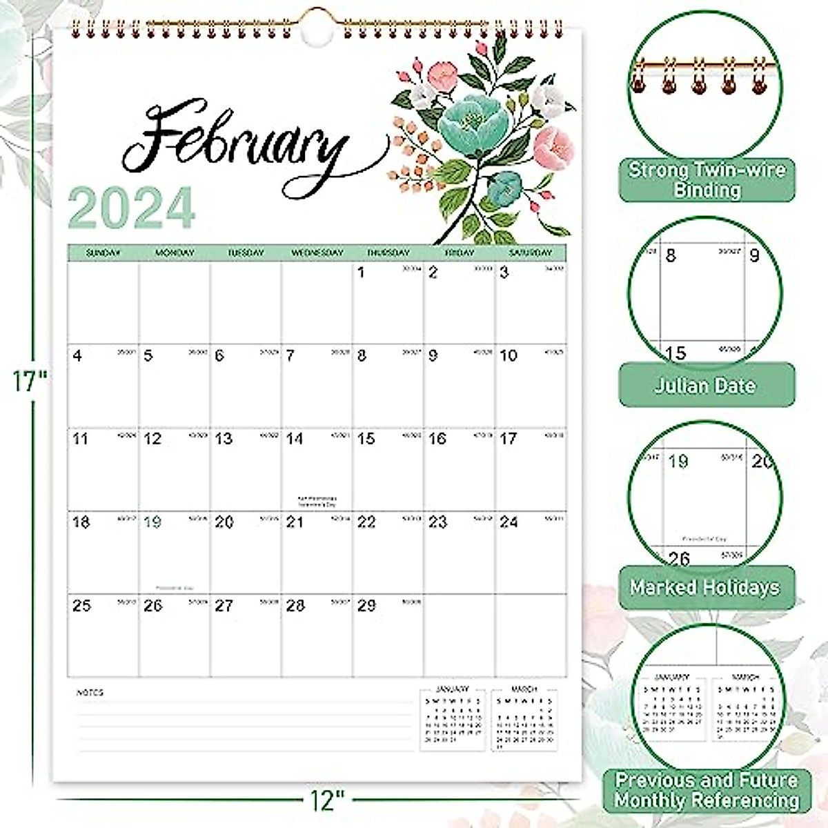 2024 Wall Calendar - Calendar 2024, Monthly Calendar from Jan. 2024 - Dec. 2024, 12'' × 17'', Vertical Calendar 2024 Monthly with Twin-Wire Binding, Large Writing Block, Perfect for Planning and