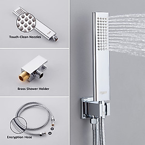 Iriber 12 Inch Bathroom Shower System Polish Chrome Wall Mounted Square Mixer Shower Faucet Combo Set with Hand Held Rough-in Valve Rainfall Shower and Trim