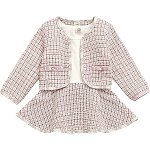 BOIZONTY Toddler Kids Baby Girls Plaid Skirt Set Cardigan Jacket Coat + Tutu Dress Set Long Sleeve Outfits Fall Outfit Set (Pink,3-4T)