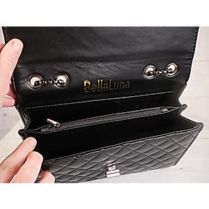 Bella Luna Quilted Faux Leather Crossbody Purse or Shoulder Bag for Women with Flap Handbag and Chain Strap | Black | Gray Chain | Small