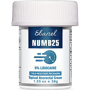 Ebanel 5% Lidocaine Numbing Cream, Pain Relief Burn Itch Numb Cream, Maximum Strength Numb25 Topical Anesthetic with Allantoin, Vitamin E for Local and Anorectal Uses, Hemorrhoid Treatment, 1.35 Oz