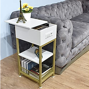 SZLHANJZ Modern Nightstand, White Nightstand with Charging Station, Slide Top Bed Side Table with Storage Drawer, 3 Tier Wood & Metal Narrow End Table for Home Apartment Dorm, Gold + White