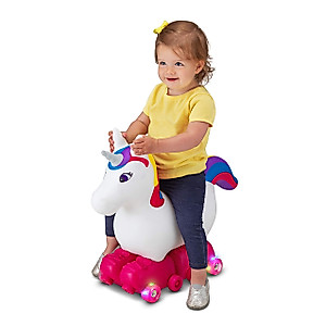 Kid Trax Silly Skaters Unicorn Toddler Foot to Floor Ride On Toy, Kids 1-3 Years Old, Soft and Inflatable, Single Rider, Light Up LED Rollerskates, White (KT1590)