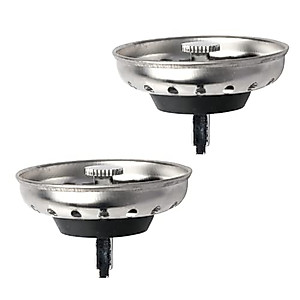 (2-Pack) Kitchen Sink Strainer with Stopper - Replacement Stainless Steel Strainer with Rubber Stopper Bottom - Fits Standard 3 1/2” Drains with Rectangular Center Hole - Post-Style Strainer Baskets