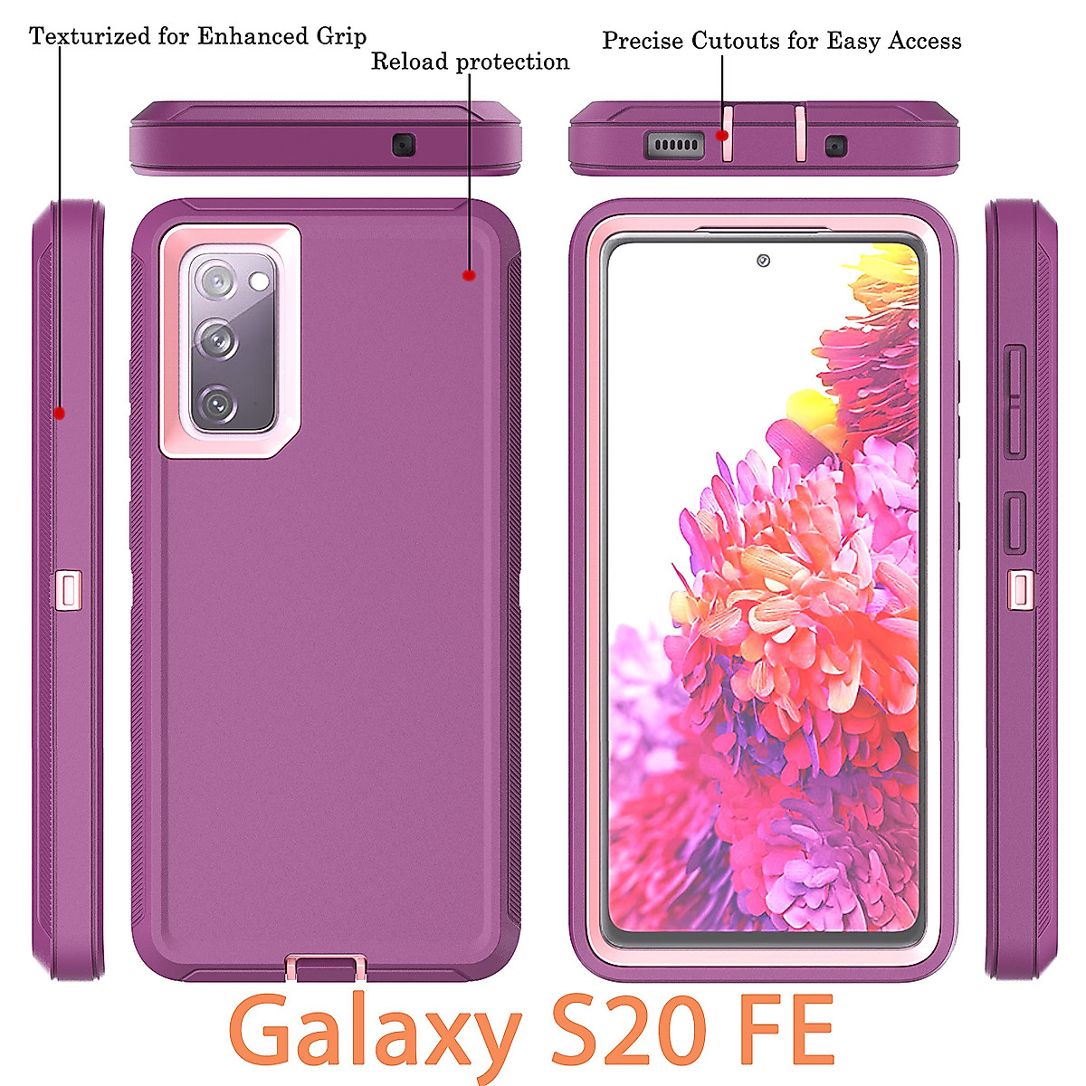 YmhxcY for Galaxy S20 FE Case, Explosion-Proof Film[2 Pack] and Camera Lens Screen Protective Film[2 Pack], 3-in-1 Shockproof Heavy Protection Cover for Galaxy S20 FE 6.5"-Wine Red and Rose Pink