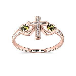 EBAT Mothers Day Ring With 2 Birthstones Mother Daughter Christian Jewelry Cross Rings for Women Birthstone Ring Heart Promise Personalized Engraved Custom Name Sterling Silver Best Friends (1)