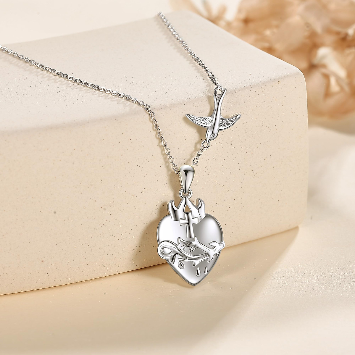 JERWLI Flaming Sacred Heart of Jesus Necklace S925 Sterling Silver Catholic Faith Charm Pendant Love of God Thorn Jewelry Easter Gifts