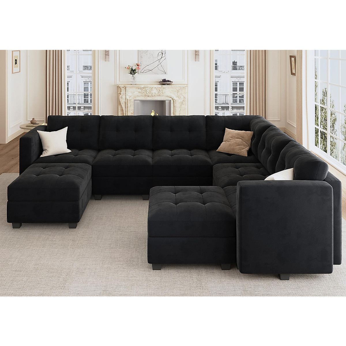 HONBAY Modular Sectional Sofa with Storage Ottomans Oversized U Shaped Couch with Chaises 8-Seater Sectional Sofa for Living Room, Black