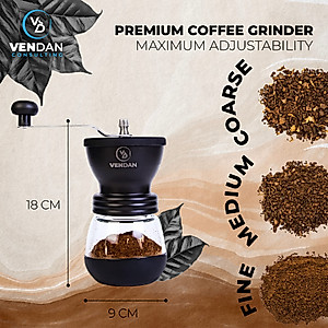 VenDan Manual Coffee Grinder - Hand Crank Coffee Grinder with Travel Jar - Coffee Bean Grinder - Incl. Coffee Scoop & Cleaning Brush - Molino de Cafe