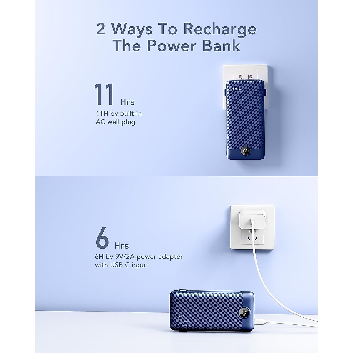 VRURC Portable Charger 20000mAh, Fast Charging Power Bank USB C,4 Output 2 Input Charging Bank Equipped with LED Display,Built-in Wall Plug and Cables,Cell Phone Replacement Battery,Blue