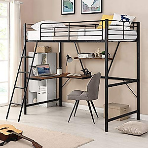 MOEO Twin Size Metal Loft Bed with L-Shaped Desk and Shelf, Bedfram w/Guardrail for Kids, Home, No Spring Box Required, Black