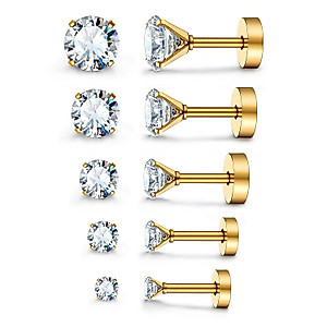 JewelrieShop Cartilage Tragus Earring Stainless Steel Stud Piercing Earring Flat Back Earrings Stud Flatback Screw Back Earrings for Women Men (16G, 6mm Bar Length, 3mm-7mm CZ, 5 Pairs)