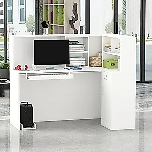 AGOTENI Reception Desk Reception Stations with Open Shelf & Drawers, L Shape Reception Table Wooden Computer Desk for Office Reception Room, White