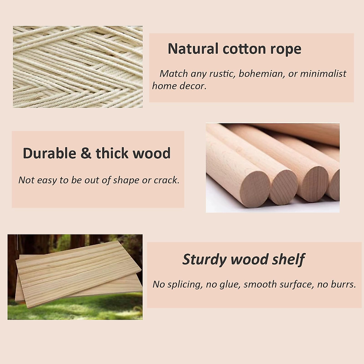 MIATTCLD Macrame Wall Hanging Shelf Boho Wood Floating Storage Shelf, 3 Tier Display Shelving for Hanging Plants Photos, Rustic Wall Decor with Tassel and Woven Rope for Home Bedroom Living Room