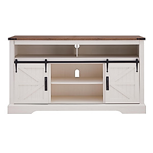 OKD Farmhouse TV Stand for 65+ Inch TV, 33" Tall Highboy Entertainment Center w/Sliding Barn Door, Rustic Media Console w/Storage Shelves, Wood Television Stand for Living Room, Antique White
