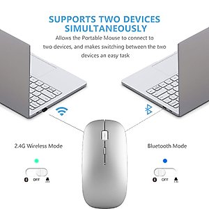 Bluetooth Wireless Mouse, Dual Mode Slim Rechargeable Wireless Mouse Silent Cordless Mouse with Bluetooth 4.0 and 2.4G Wireless, Compatible with Laptop, PC, Windows Mac Android OS Tablet (Silver)