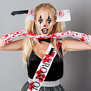 Jiuguva 4 Pcs Halloween Blood Prom Queen Costume Zombie Cosplay Accessory Set Including Knife Headband White Bloody Gloves Prom Queen Satin Sash for Women Girls Halloween Dress up Party Prop Supplies