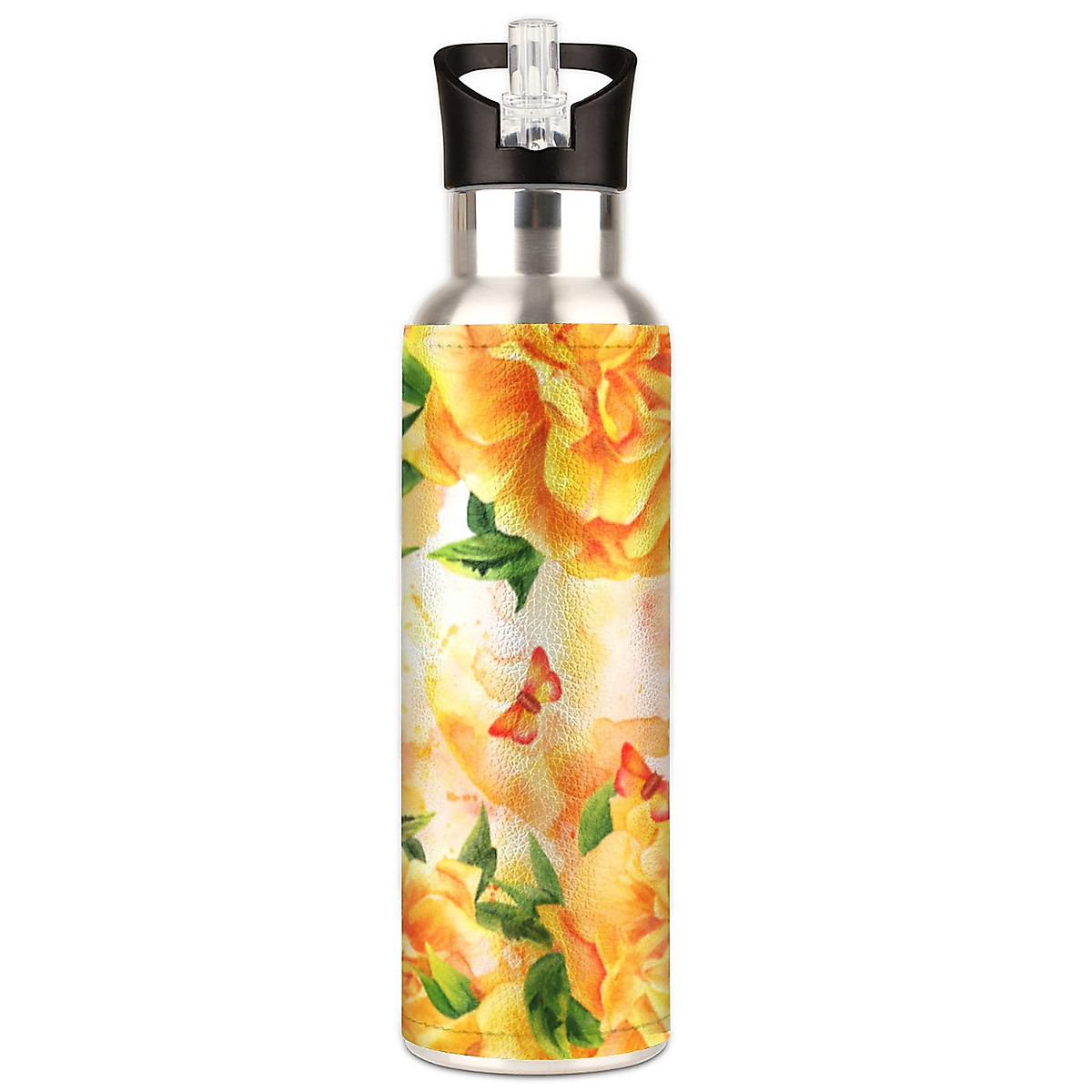 Yellow Rose Water Bottle Watercolor Reusable Leak-Proof Insulated Water Bottle BPA Free Stainless Steel Sport Water Bottle with Straw for Fitness Outdoor Hiking School 600ml