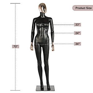 Female Mannequin Full Body Black- 70'' Mannequin Dress Form Display Full Body Adjustable Realistic Manikin Torso Stand (Black+Golden)