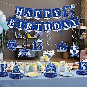 PRE-STRUNG Official Teenager 13th Birthday Decorations for Boys Girls, Happy 13th Birthday Letter Banner Sign Hanging Swirls Honeycomb Centerpieces Kit Blue, 13 Year Birthday Party Backdrop, PHXEY