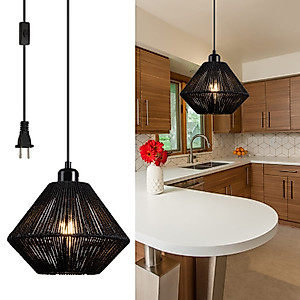 YongMing CL Black Woven Plug in Pendant Light Fixture, 9.65’’ Rustic Farmhouse Pendant Hanging Light with Plug in Cord & On/Off Switch for Kitchen Island Living Dining Room Bedroom Foyer
