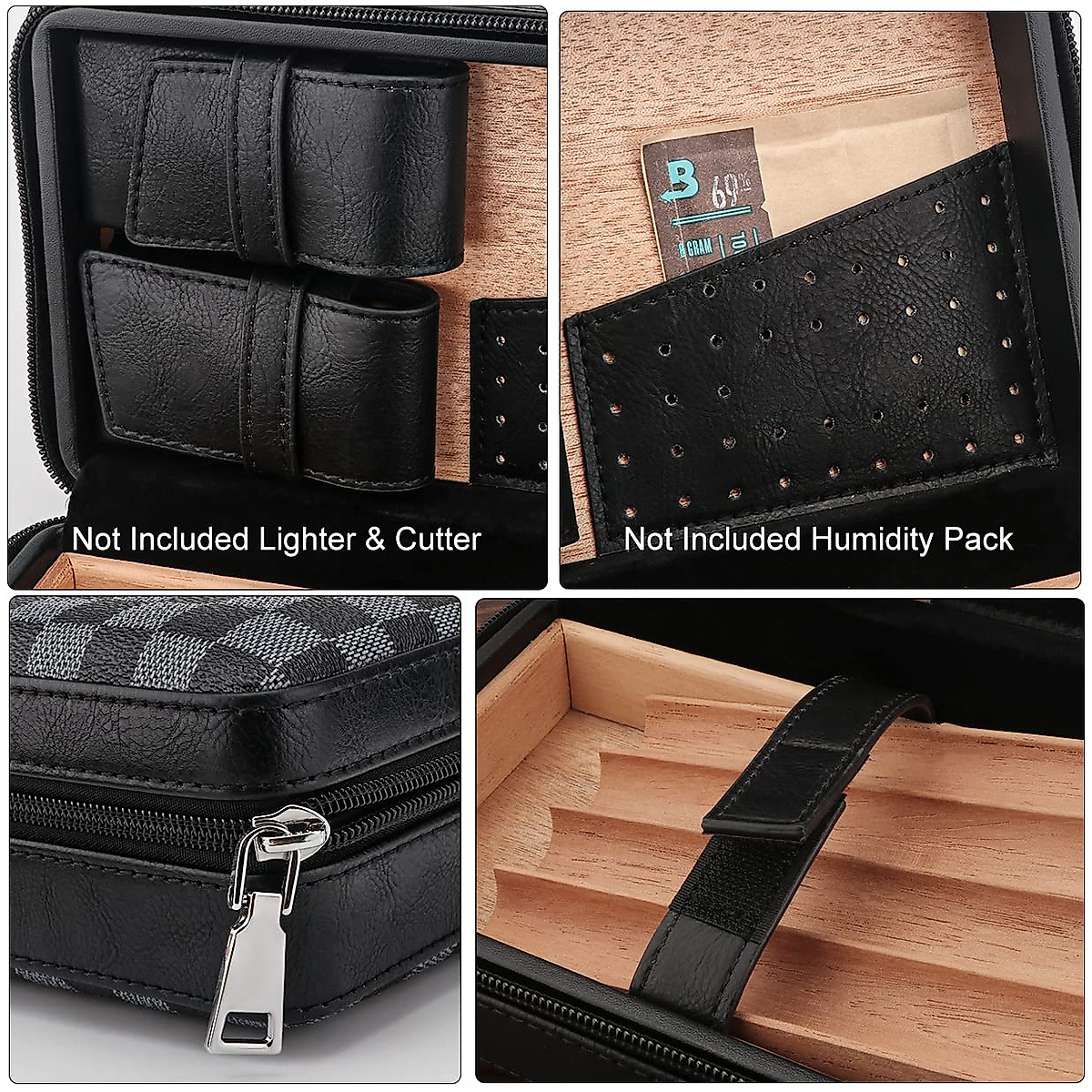 TISFA Cigar Humidor, Cedar Wood Travel Portable Leather Cigar Case, Removable Cedar Tray for 4 Cigars (Checkerboard Lattice)