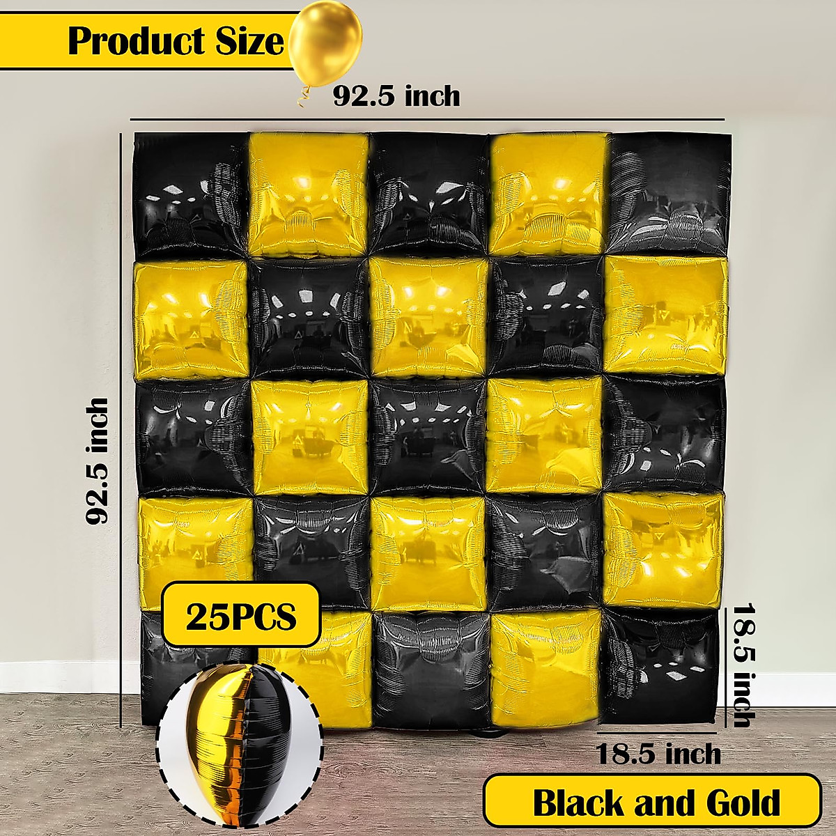 AIERSA Black And Gold Balloon Backdrop Wall,25Pcs Square Foil Balloons for Graduation,Birthday,Anniversary,Retirement Party Decoration Supplies