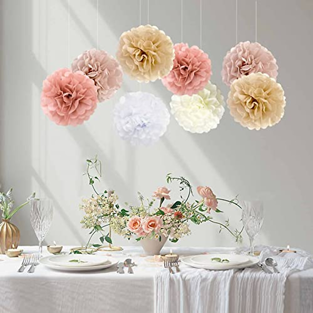 ANSOMO Boho Rainbow Tissue Paper Pom Poms Party Decorations Flowers Wall Hanging Décor Supplies 1st Birthday Bridal Baby Shower Cream Dusty Pink Centerpieces 12 Pcs