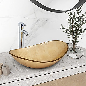 YOURLITE Bathroom Sink,Boat Shape Bathroom Glass Vessel Sink with Faucet and Pop-Up Drain Bowl Vessel Sinks for Bathrooms, Gold