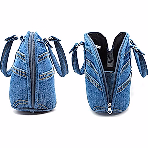 Bijoux De Ja Upcycling Blue Denim Trim Curved Shape Top Handle Handbag Purse (denim)