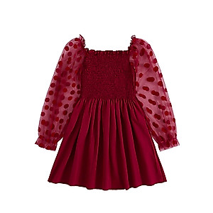 WDIRARA Toddler Girl's Polka Dots Mesh Flounce Long Sleeve Flared Shirred Dress Pure Burgundy 90