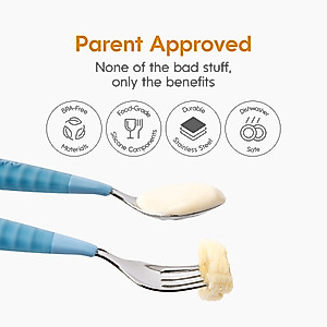 NumNum Toddler Utensils, Pre-Spoon, Fork & Spoon GOOtensils - 4th Stage Silverware for Kids Aged 2+ Years w/Stainless Steel Heads - Silicone Food Feeding Supplies - Set of 4, Pacific Blue & Sea Green