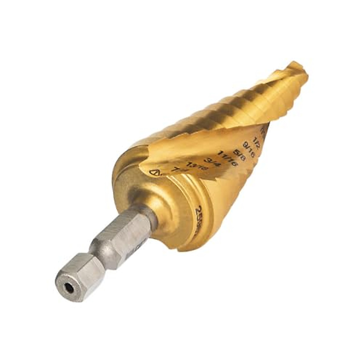 Klein Tools 25962 Step Drill Bit, 3/16 to 7/8-Inch, Spiral Double-Fluted, Cuts Thin Metal, Plastic, Aluminum, Wood, 1/4-Inch Hex Shank, VACO