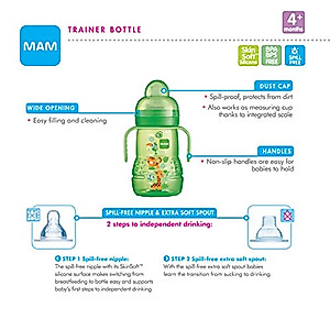 MAM Plastic Trainer Cup (1 Count), 8 oz. Trainer Drinking Cup with Extra-Soft Spout, Spill-Free Nipple, and Non-Slip Handles, for Girls 4+ Months, Designs May Vary