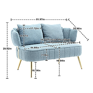 Modern Loveseat Sofa Couch,Futon Small Sofa with Gold Metal Legs, 2-Seater Upholstered Mini Love Seat Sofa Couches for Living Room Bedroom Office Balcony Studio Apartment Easy to Assemble (Light Blue)