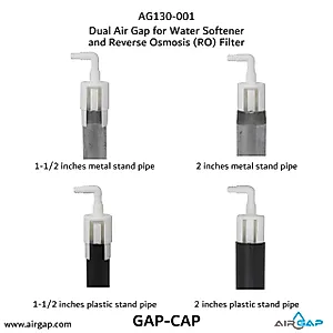 Dual Air Gap for Water Softener and Reverse Osmosis with 5/8 or 1/2-inch and 3/8 or 1/4-inch inlets, 1-1/2 or 2-inch Standpipe (8500, GAP-CAP, AG130-001)
