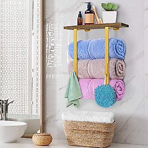Ranslen Towel Racks Organizer for Bathroom Wall Mounted,Metal Towel Rack with Wooden Shelf and 2 Hooks,Black Storage Holder Organizer for Large/Small Towels,Hand Towels,Washcloths,Spa,RV,Matte Golden