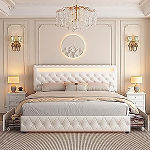 Queen Led Bed Frame with 4 Storage Drawers, with Smart Control RGBW LED Lights Headboard Footboard, Control DIY Color, Box Spring Optional, PU White