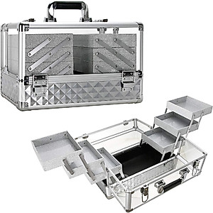 Ver Beauty 3.8mm Armored Acrylic Makeup Case Jewelry Portable Travel Art Craft Tattoo Organizer with 6 Extendable Trays Clear Cover Micro-Fiber Cloth Brush Holders Keylocks, Silver Diamond
