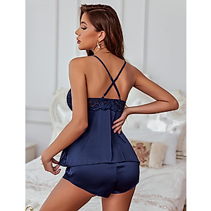 Avidlove Womens Satin Pajamas V Neck Cami Tops with High Waisted Shorts Two Piece PJS Lounge Sets Navy Blue