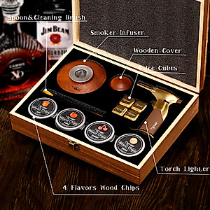 Hgsoor Whiskey Smoker Kit - Old Fashioned Drink Smoker Kit - Cocktail Smoker Kit with Torch, 4 Flavors Wood Chips, 4Ice Cubes, Bourbon Smoker Kit, Bourbon Whiskey Gifts for Men,Dad (No Butane)