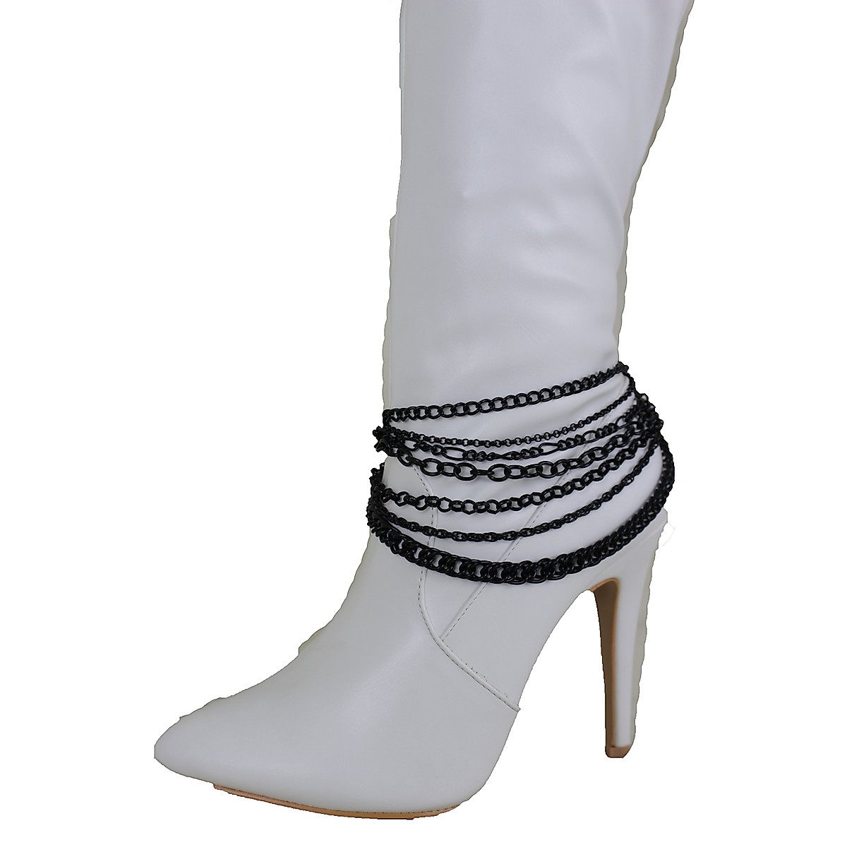 Trendy Fashion Jewelry TFJ Women Western Boot Chains Black Metal Bling Bracelet Anklet Heel Shoe Wave Strands Charm