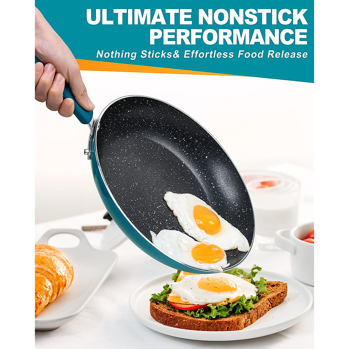 MICHELANGELO Nonstick Frying Pan with Lid, 10 Inch Frying Pan Nonstick, Enameled Non Stick Frying Pan with Silicone Handle, Nonstick Skillet with Granite Interior, Cyan
