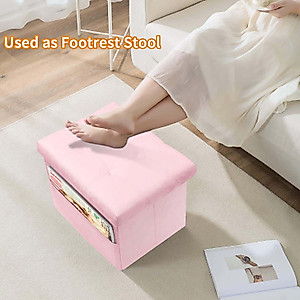 Storage Ottoman Foot Stool, 17 inches Folding Ottoman with Storage, Velvet Storage Bench with Side Pocket, Foot Rest for Living Room, Bedroom, Pink