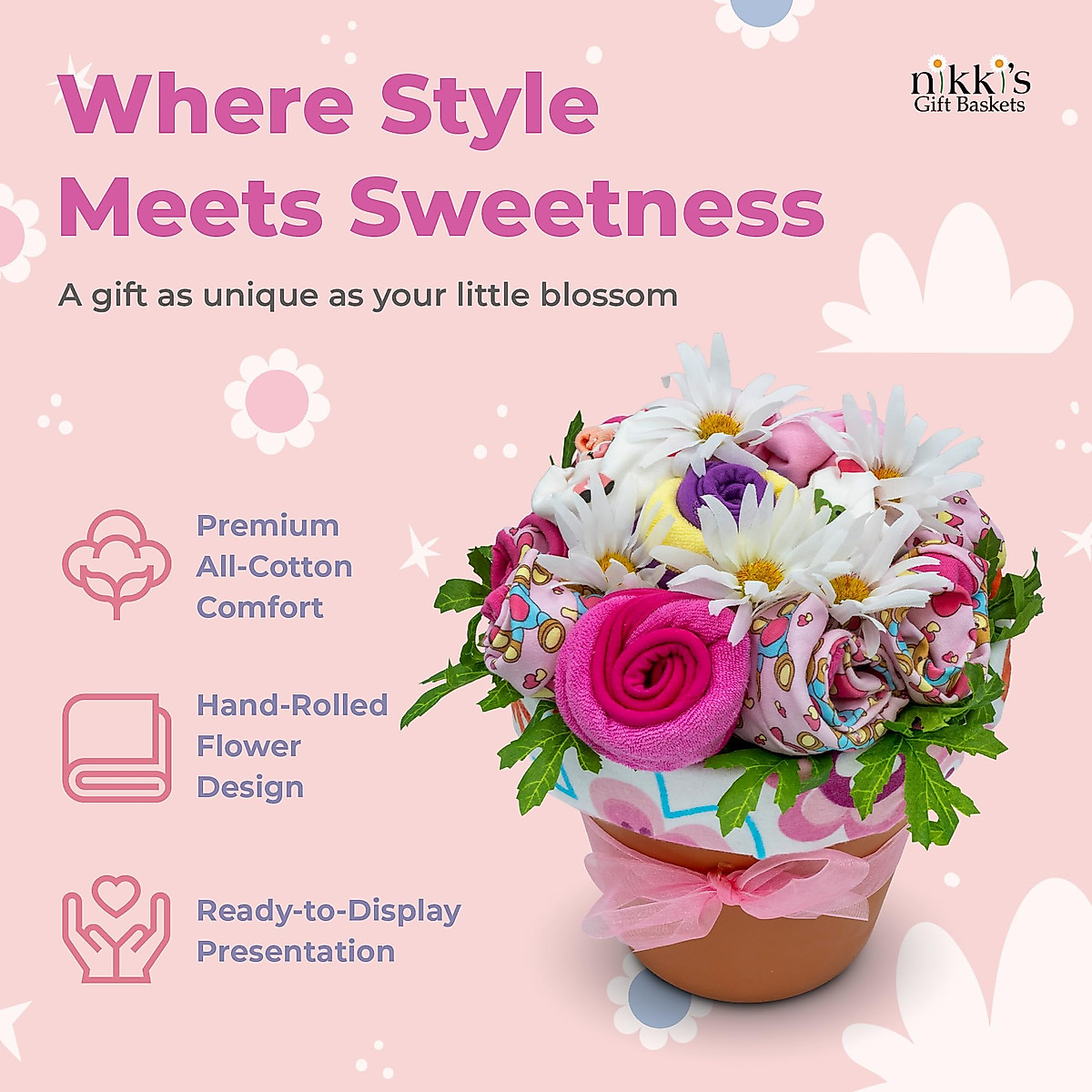 Deluxe Baby Blossom - Baby Girl Outfits | Newborn Baby Girl Gift Set | Baby Gift Basket for Expecting Moms | New Baby Gift Basket | Pink Baby Gift Set | Clothing Flower Bouquet | Nikki's Gift Baskets