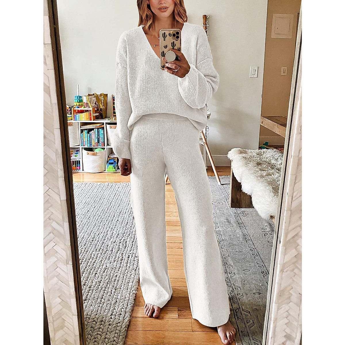 ANRABESS Women 2 Piece Outfits Sweater Lounge Sets Long Sleeve Cable Knit Pullover and Wide Leg Pants Tracksuit Matching Set White Large