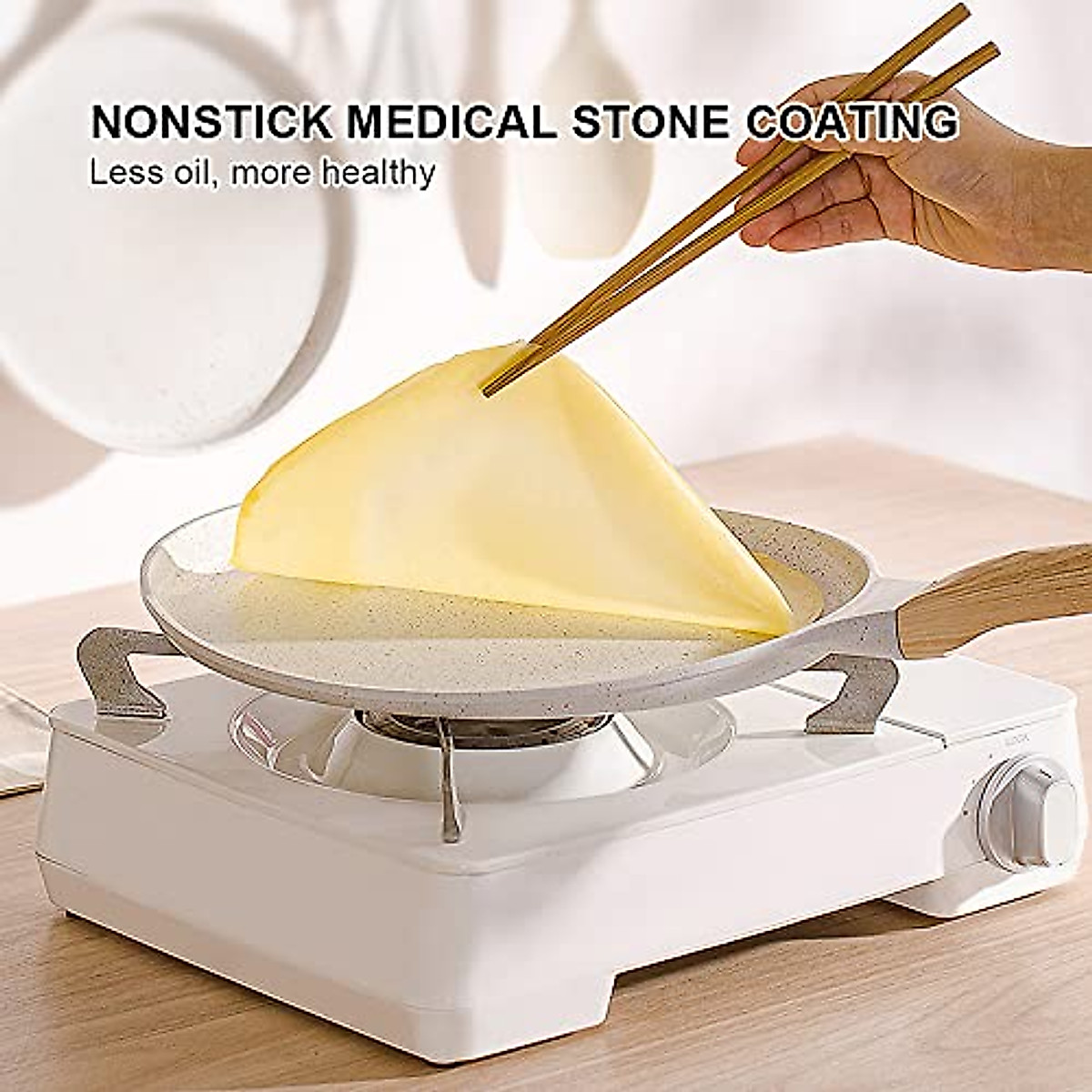 Bobikuke Nonstick Crepe Pan with Spreader, 10 Inch Dosa Pan Flat Pan, Tawa Tortilla Pan Induction Compatible - White